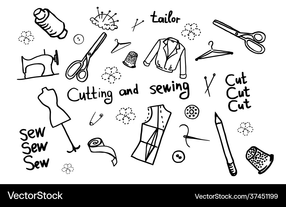 Doodle cutting and sewing Royalty Free Vector Image