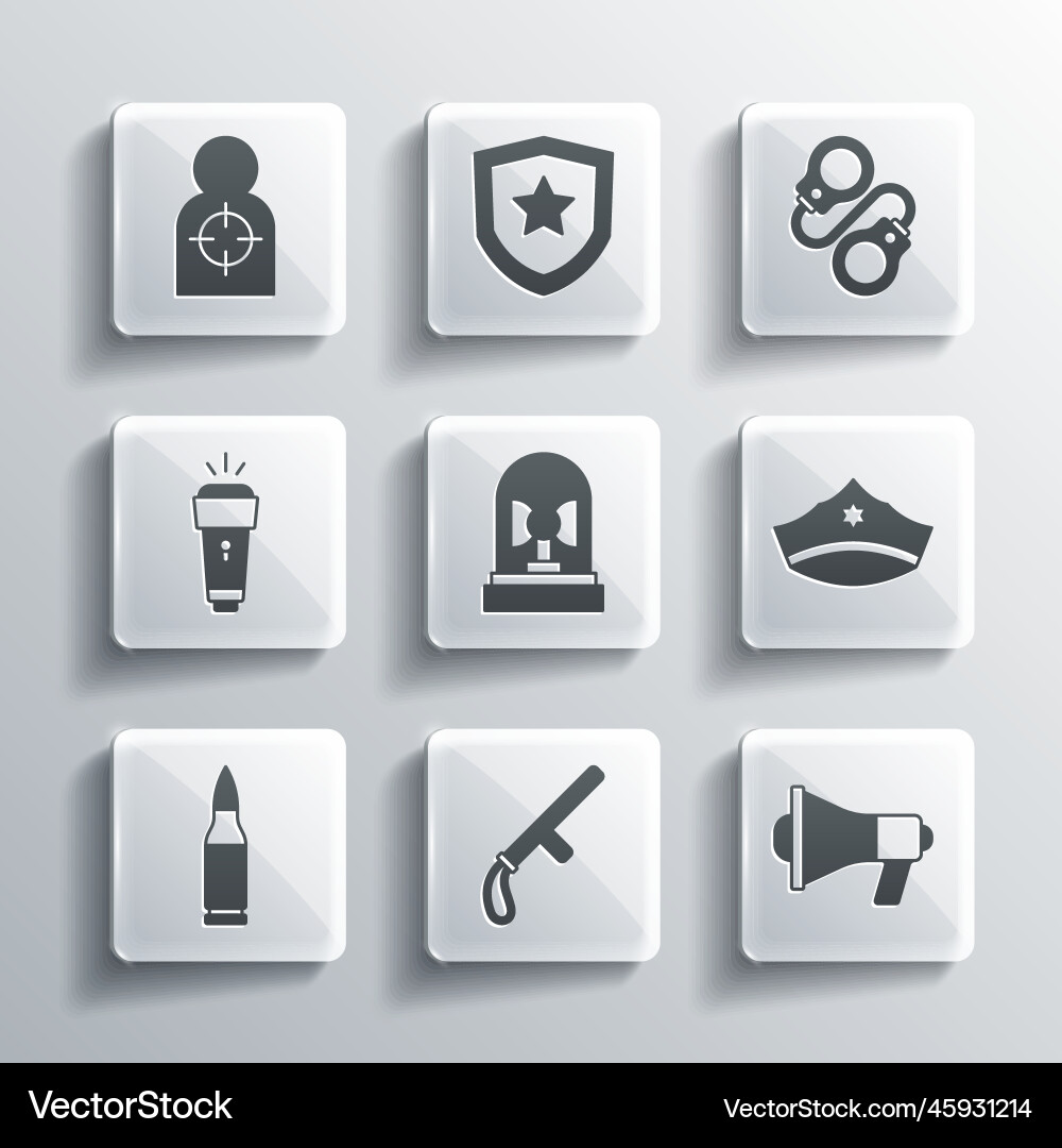 Set police rubber baton megaphone cap Royalty Free Vector