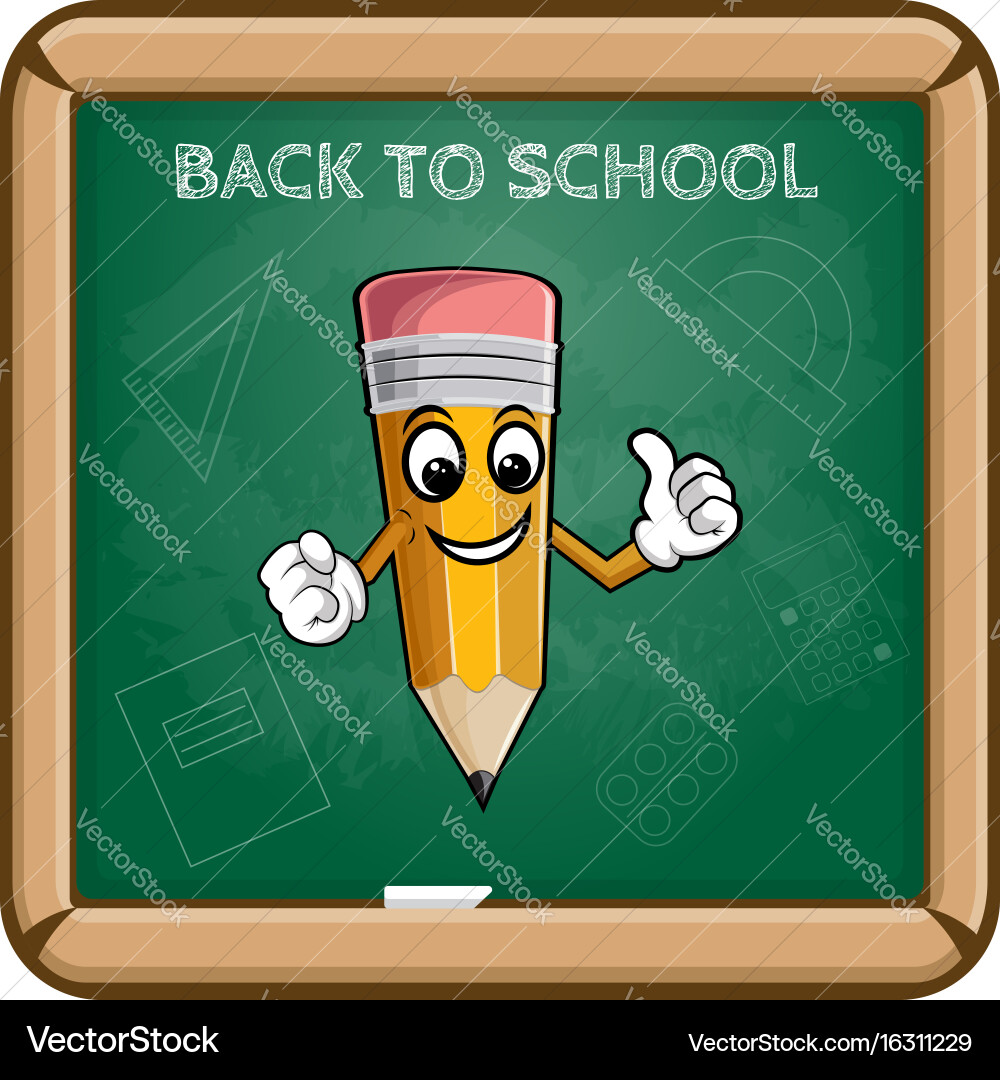Yellow cartoon pencil school board with text back Vector Image