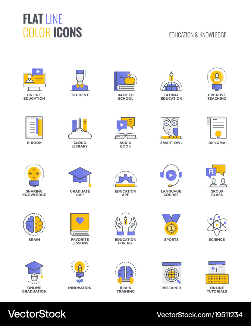 Flat line multicolor icons design-education and Vector Image