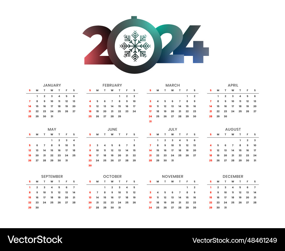 Clean white 2024 english calendar template Vector Image