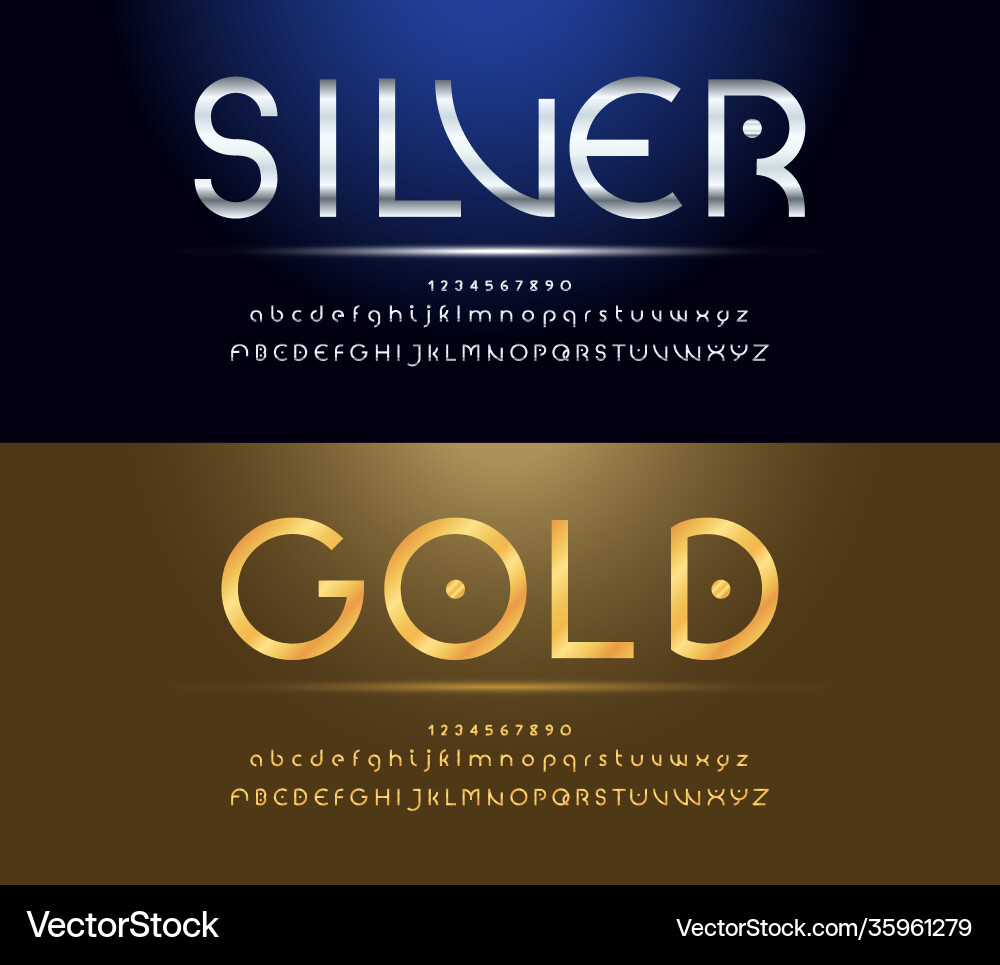 Silver and golden alphabet font Royalty Free Vector Image