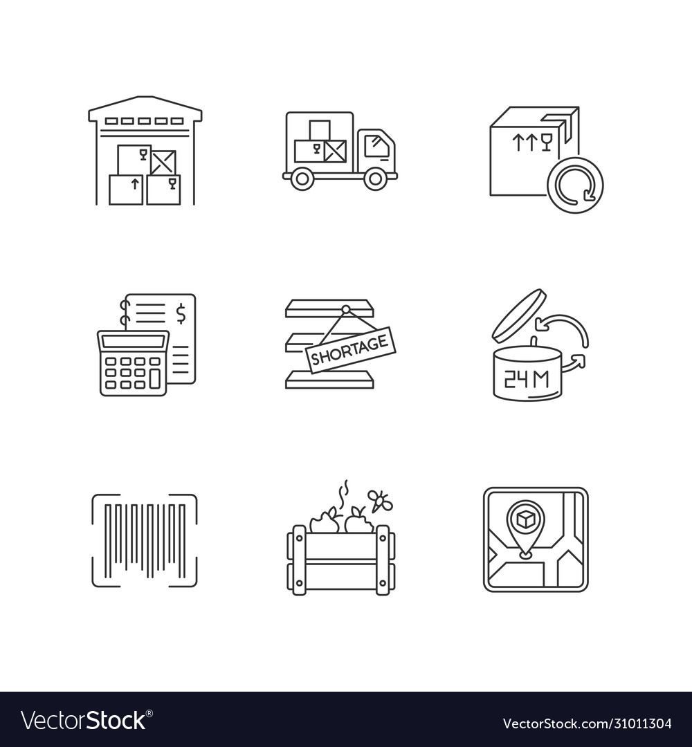 Inventory management pixel perfect linear icons Vector Image Inventory management pixel perfect linear icons Vector Image