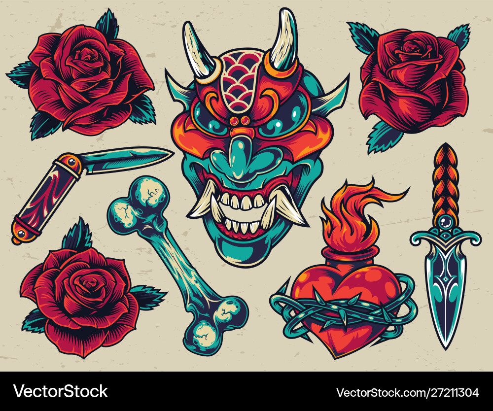 Vintage colorful tattoos set Royalty Free Vector Image