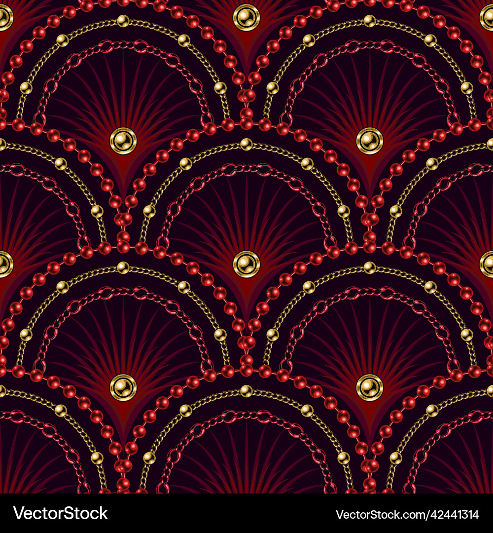 Red pattern with fan shaped grid gold chains Vector Image