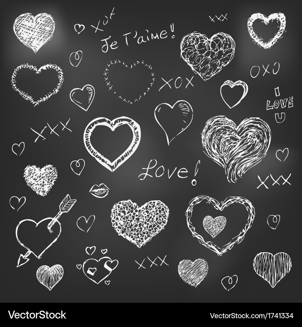 Set hand drawn hearts on chalkboard background Vector Image