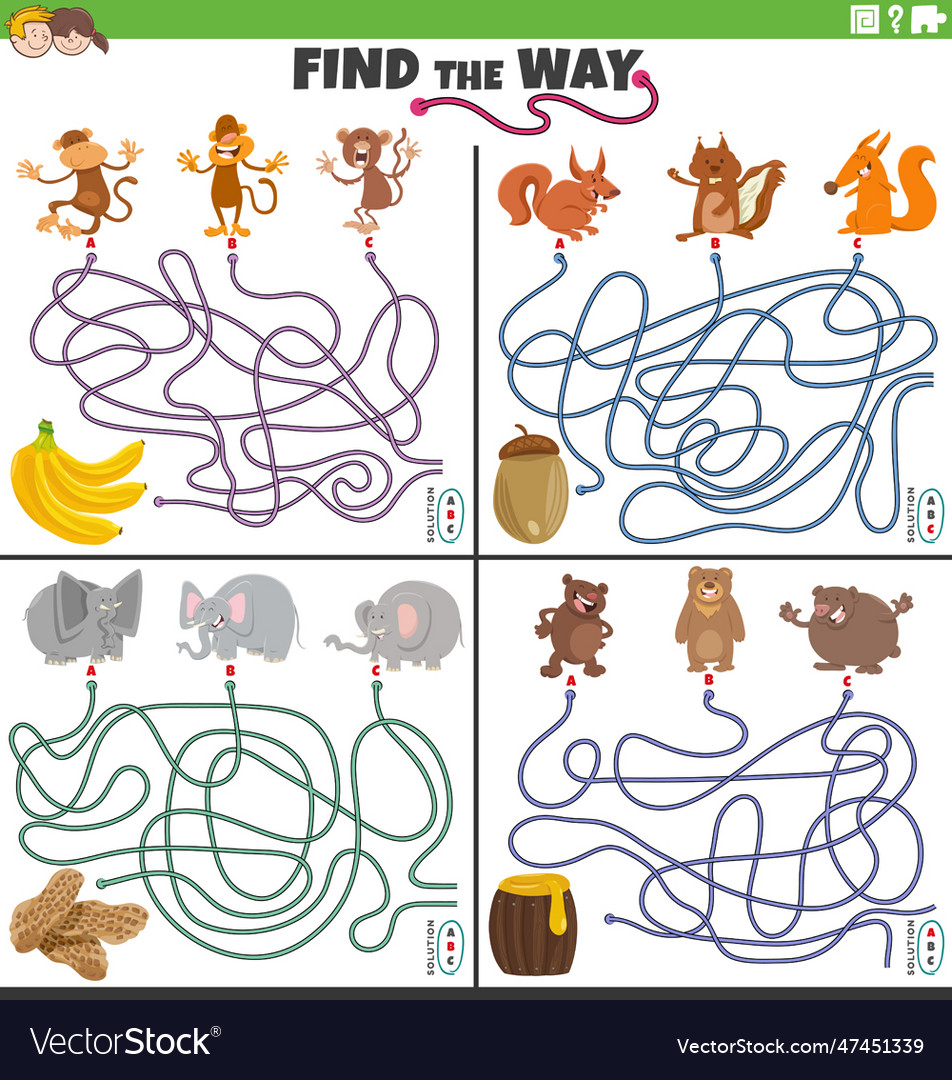Find the way maze activities set with animal Vector Image