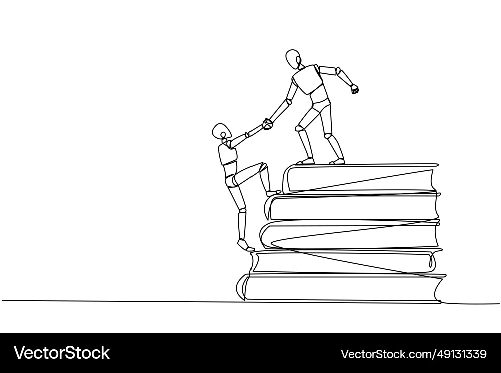 Single one line drawing robot help partner climb Vector Image