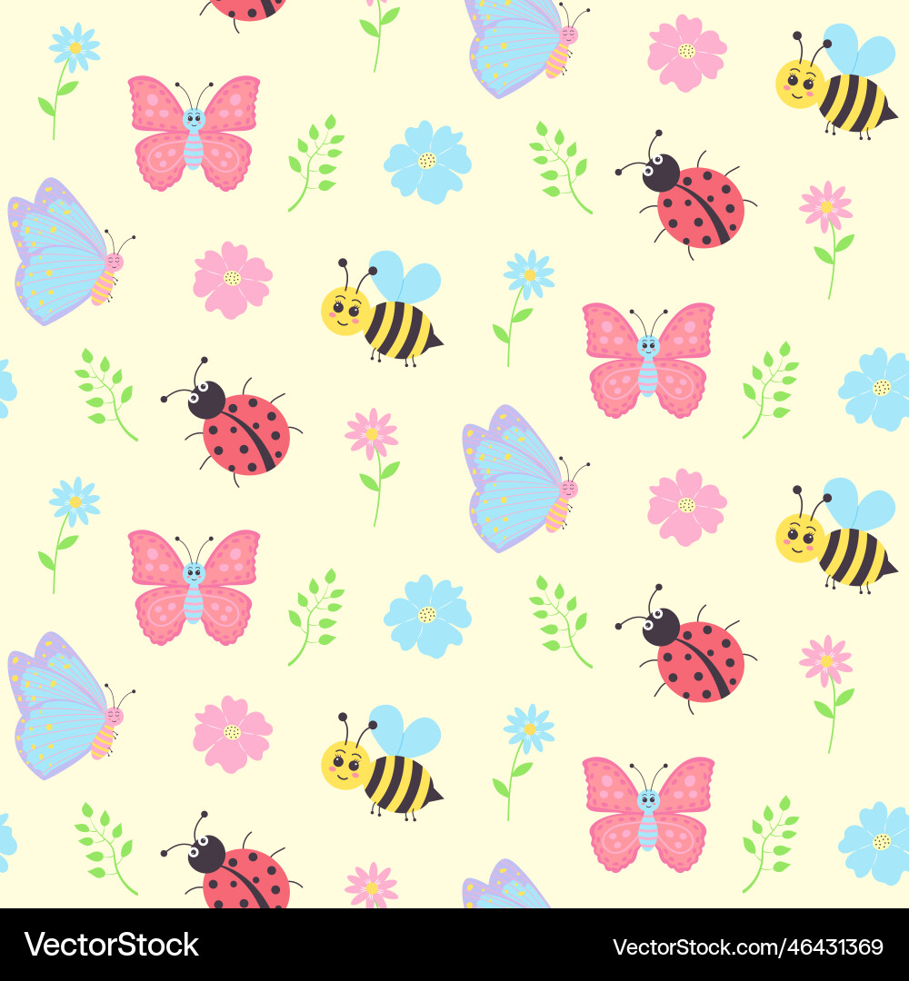 Seamless pattern with cute bees butterflies Vector Image