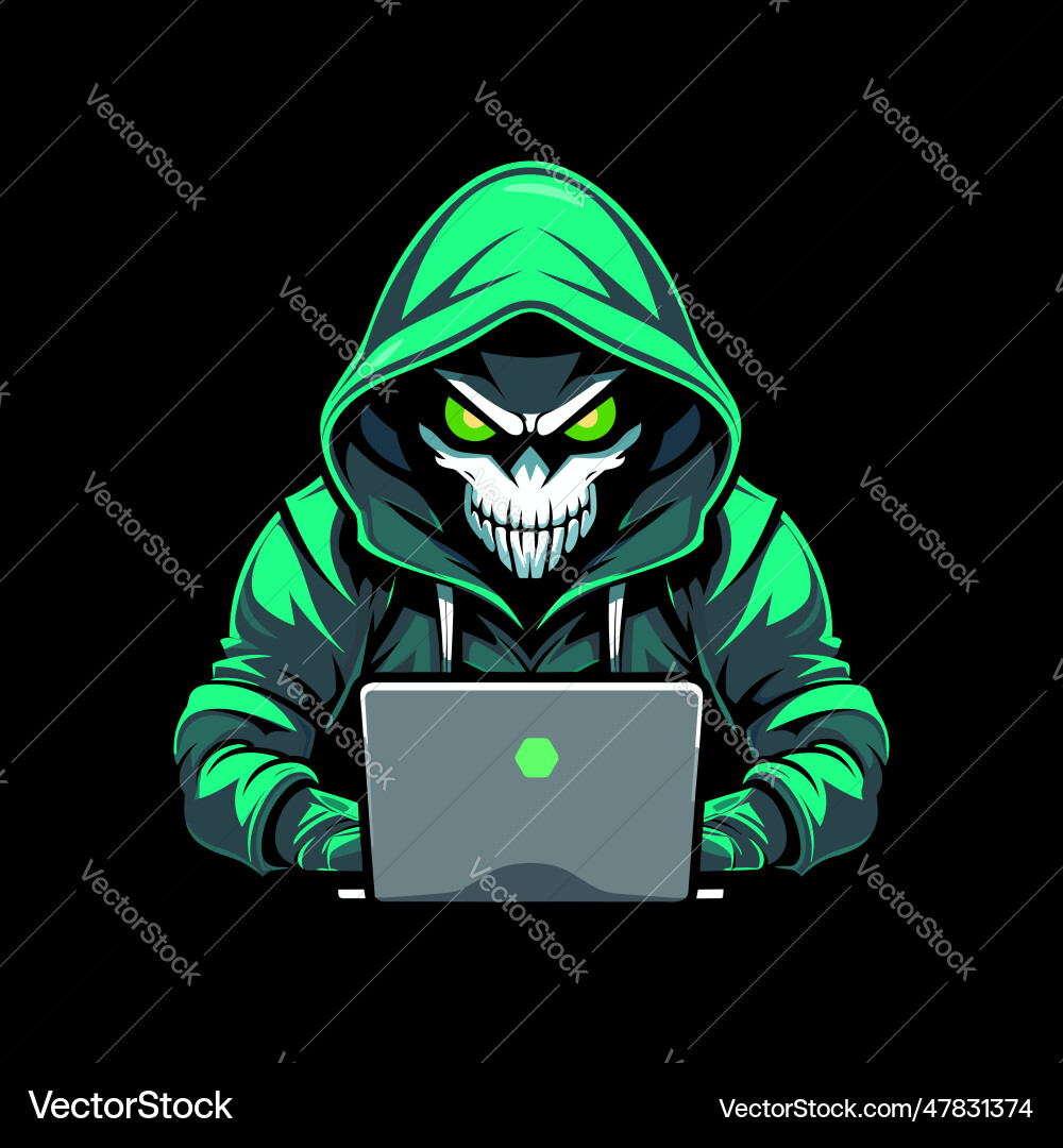 Hacker with a laptop on a black background Vector Image