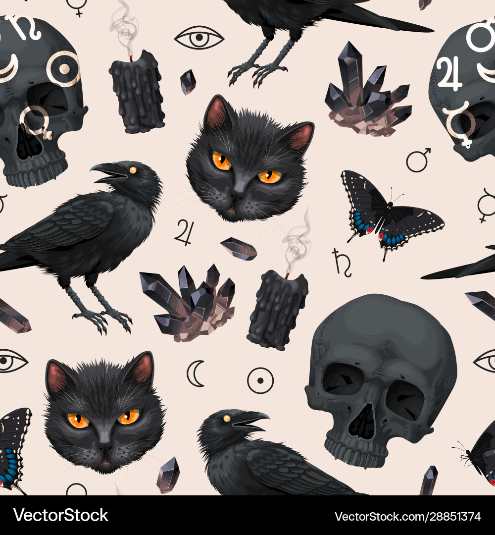 Seamless pattern with raven and black cat Vector Image