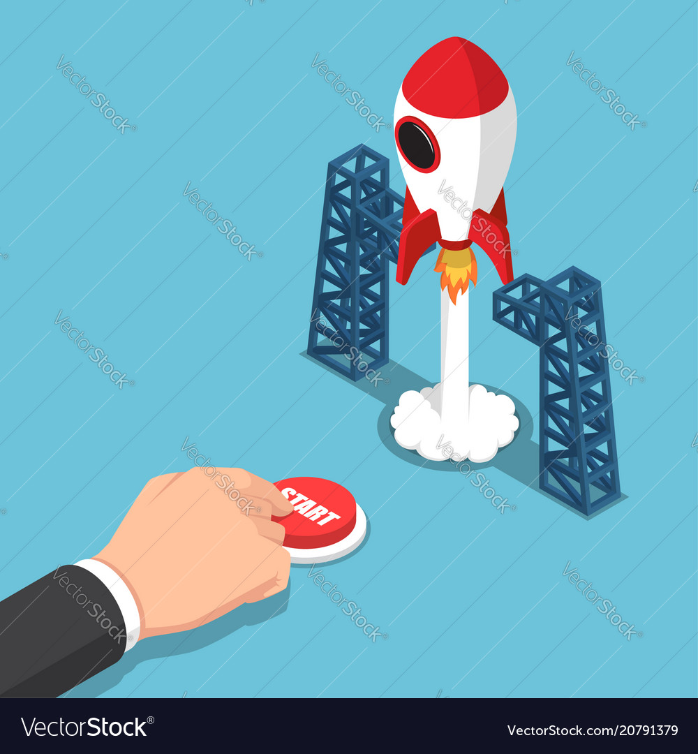 Isometric businessman hand presses start button Vector Image Isometric businessman hand presses start button Vector Image