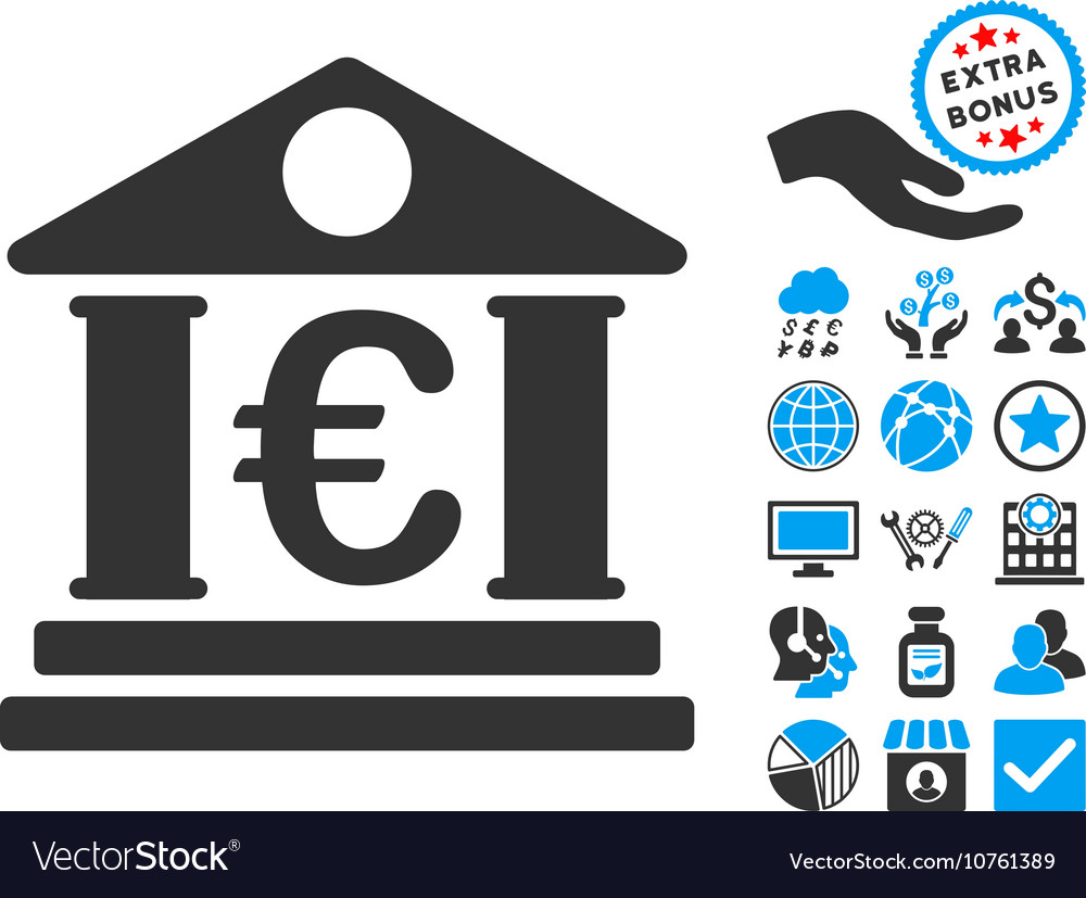 Euro bank building flat icon with bonus Royalty Free Vector Euro bank building flat icon with bonus Royalty Free Vector