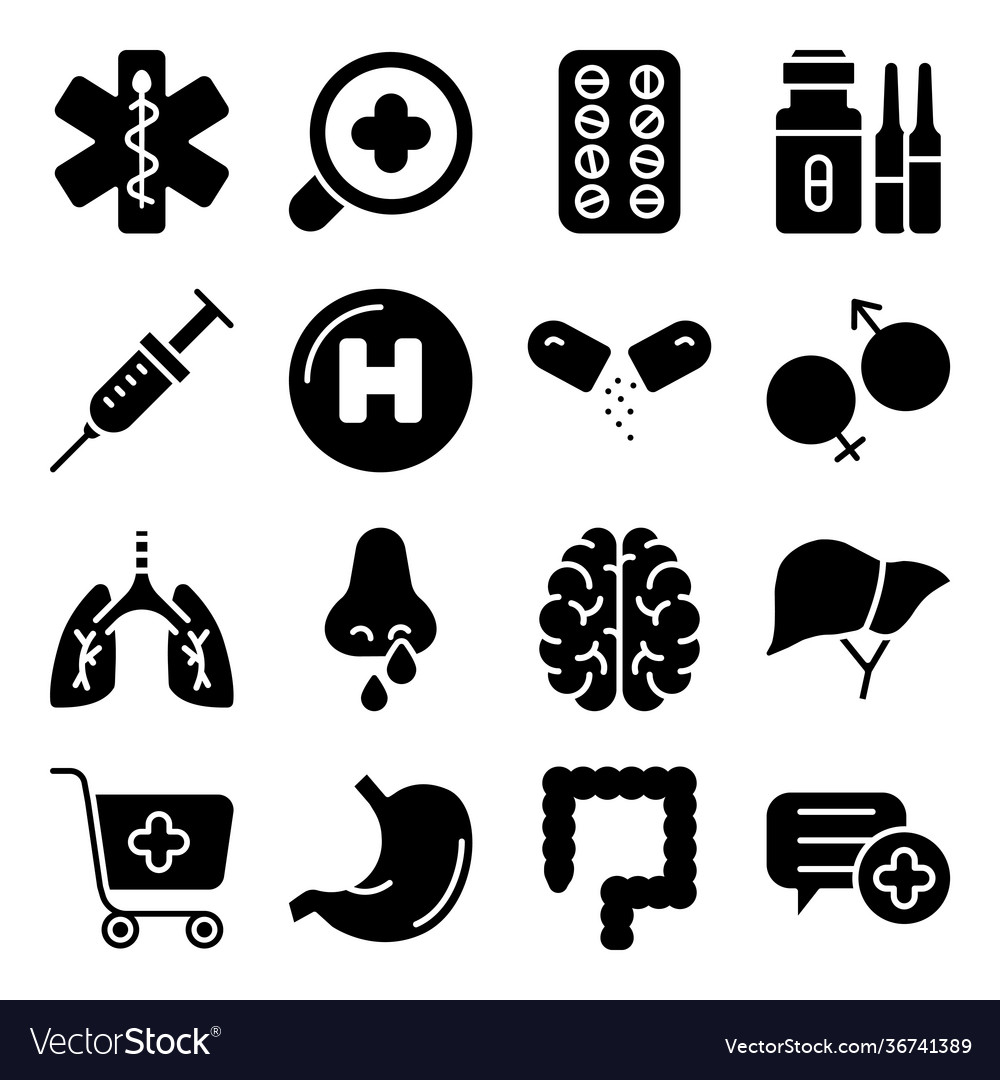 Pack medical tools solid icons Royalty Free Vector Image