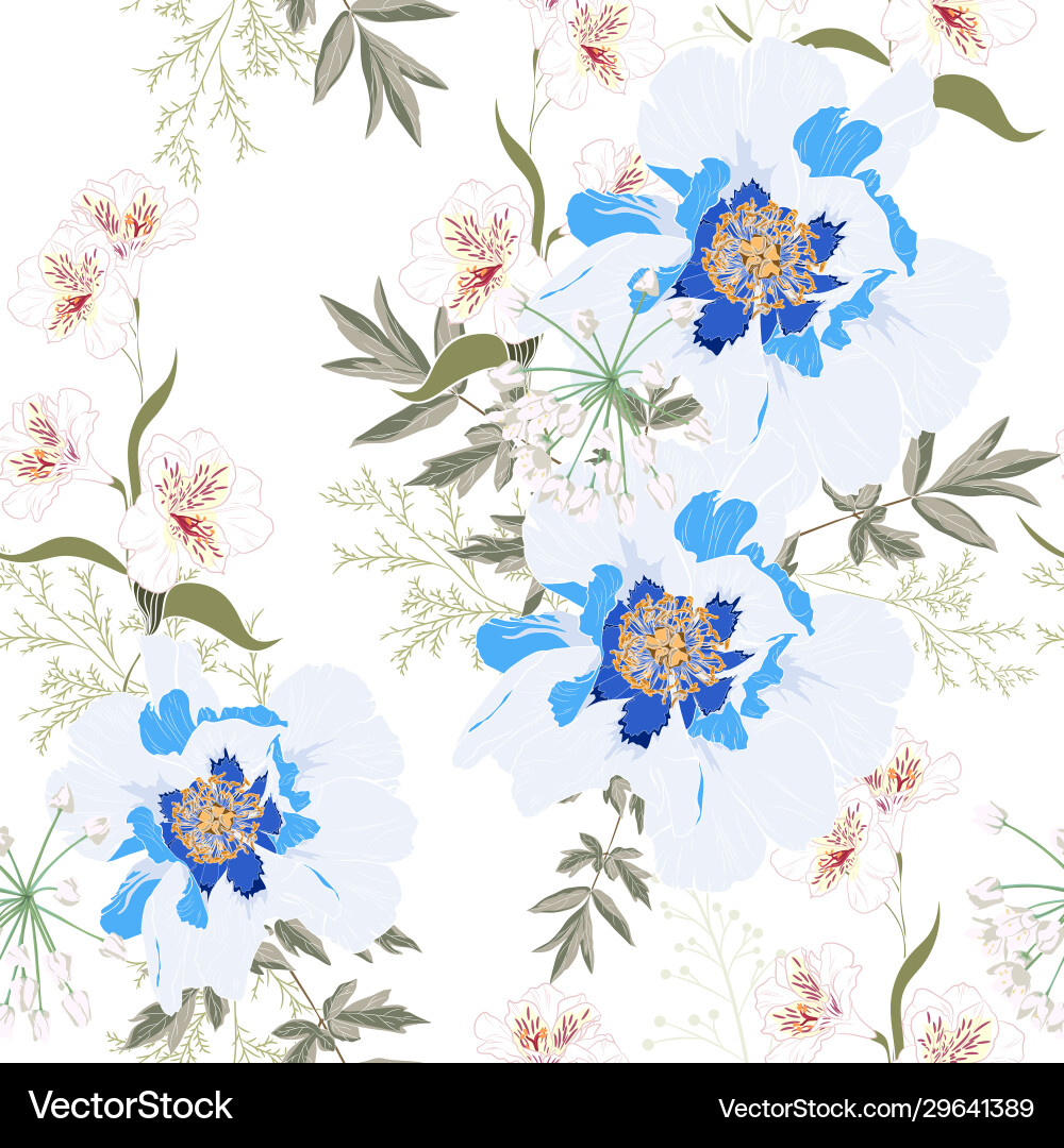 Seamless pattern with blue peony flowers and lilie