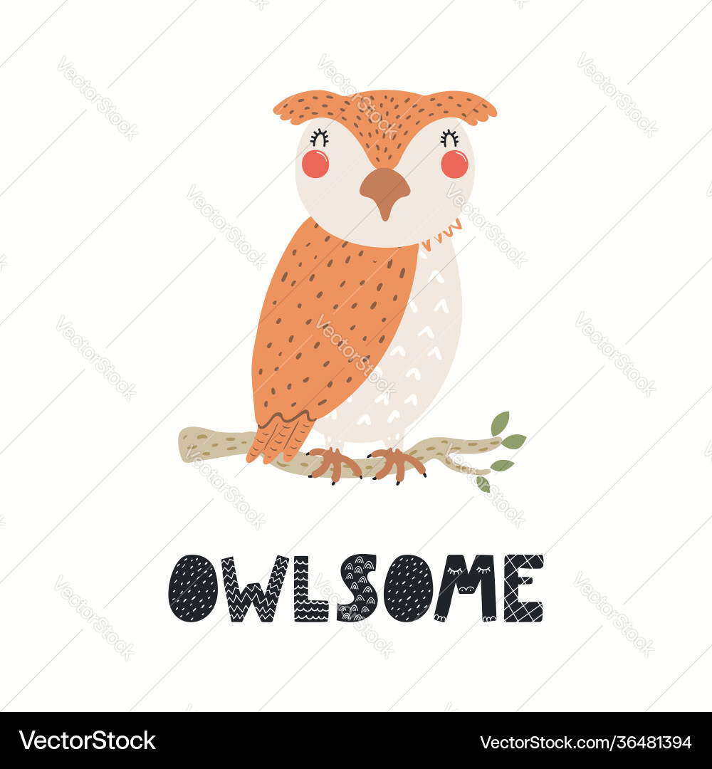 Cute funny owl character text owlsome isolated Vector Image