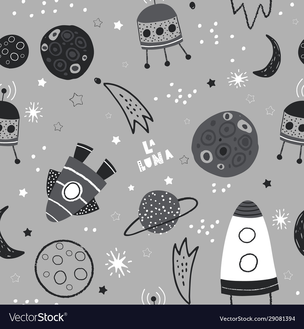 Seamless monochrome pattern with space elements Vector Image