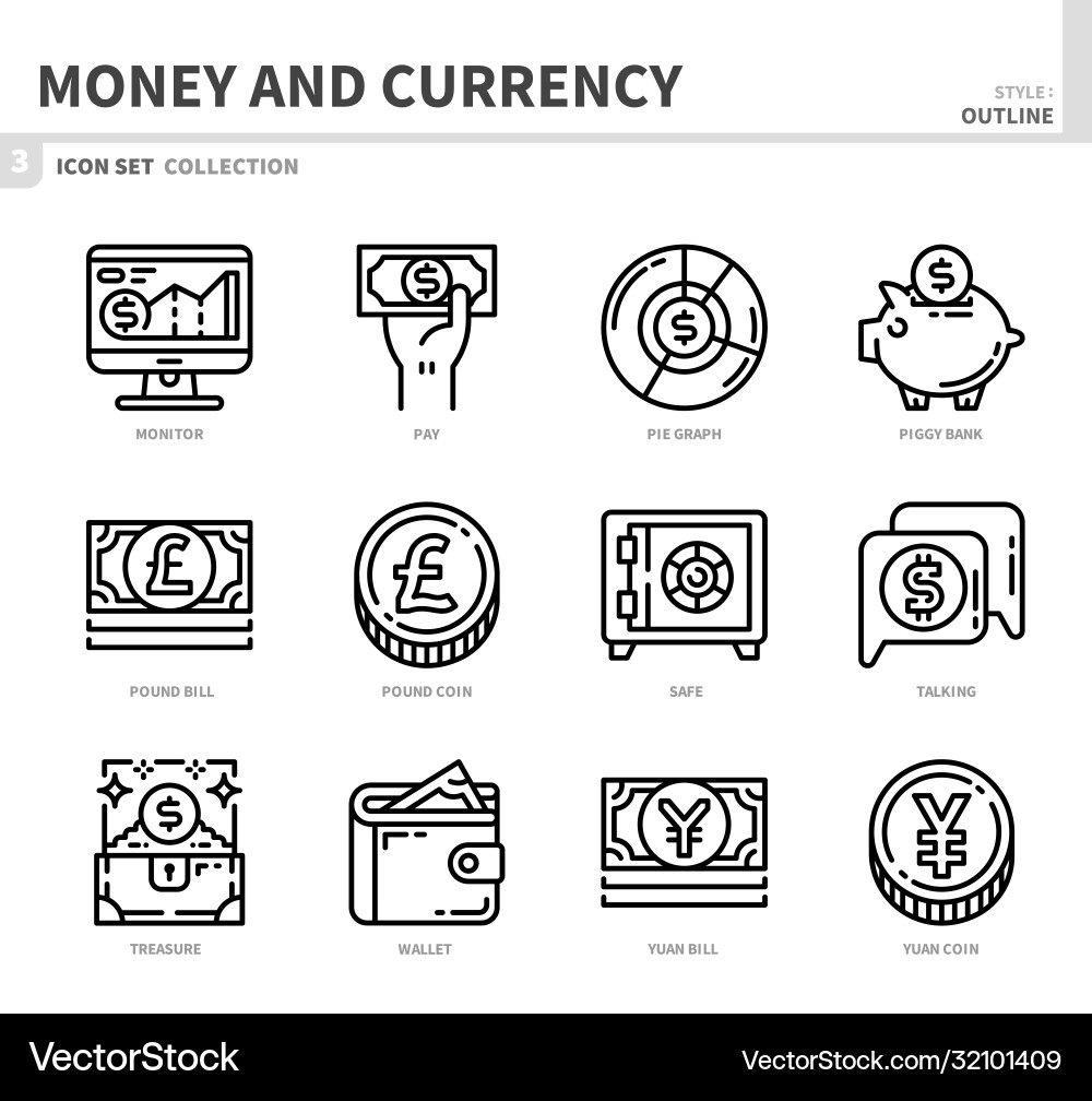 Money and currency icon set Royalty Free Vector Image