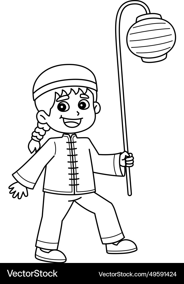 Chinese boy with lantern isolated coloring page Vector Image
