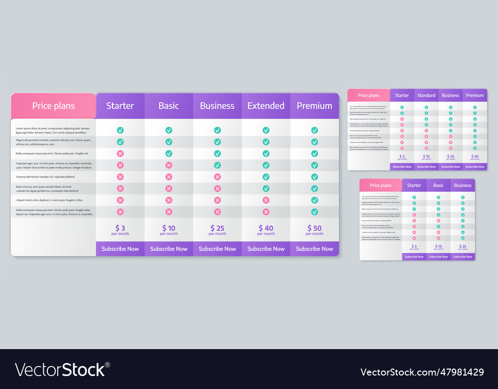 Table price chart comparison plan layout Vector Image