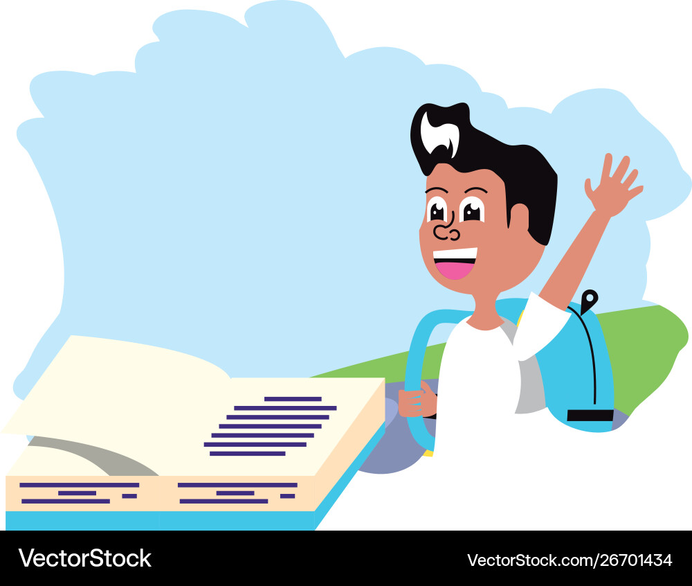 Cute little student boy with book closed Vector Image