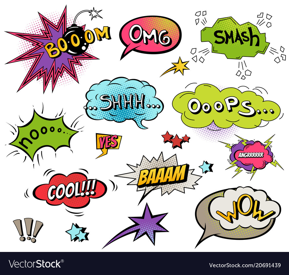 Comic speech bubbles and splashes set Royalty Free Vector