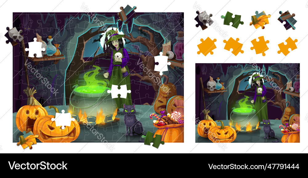 Jigsaw puzzle halloween game with witch cauldron Vector Image