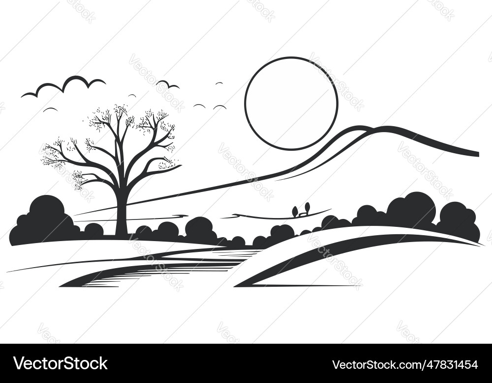 Landscape with trees and hills black white Vector Image