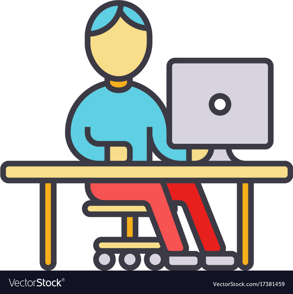 Man working at computer table flat line Royalty Free Vector