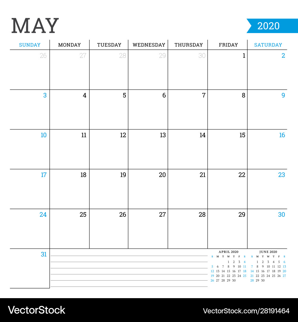 May 2020 square monthly calendar planner template Vector Image