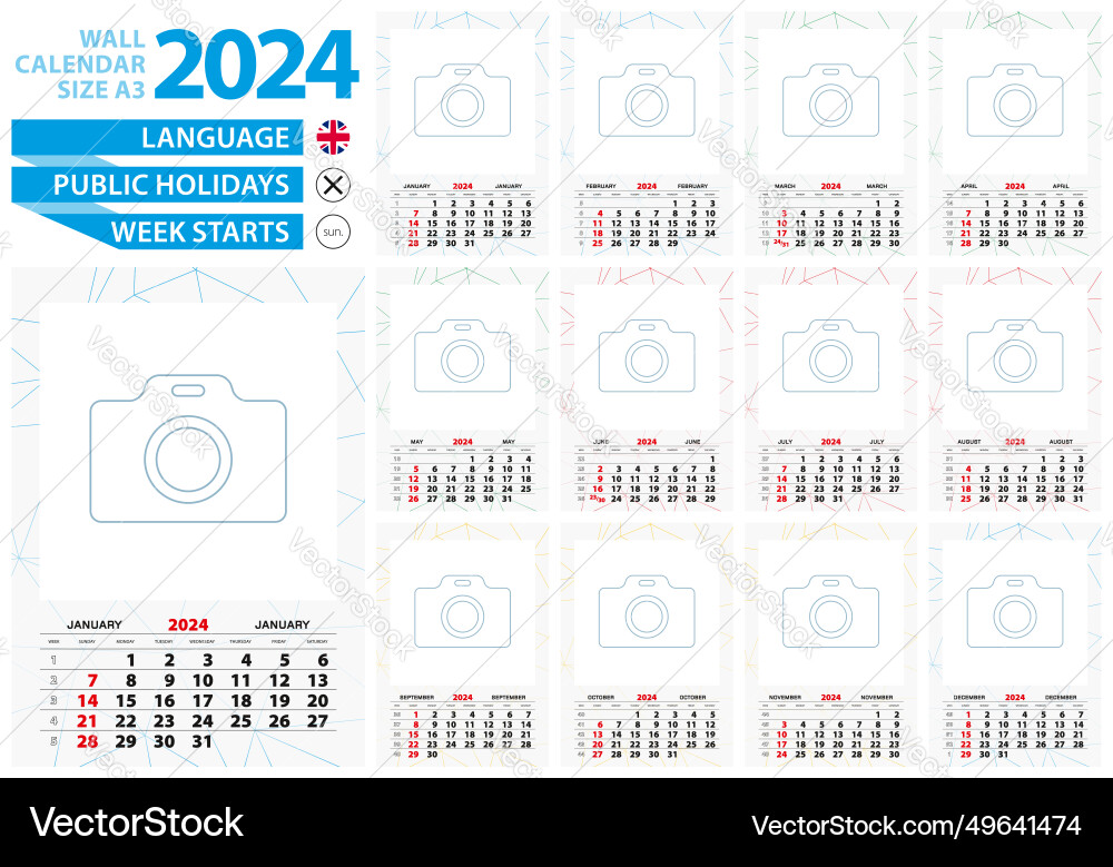 A3 size wall calendar 2024 year with abstract Vector Image
