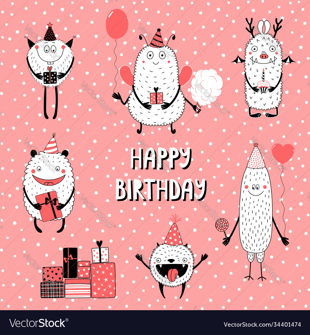 Set cute funny monsters celebrating birthday Vector Image