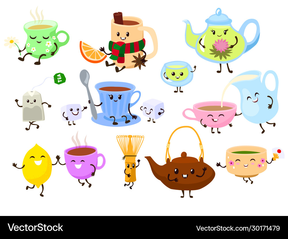 Smiling colorful tea cup kettle on comic cartoon Vector Image