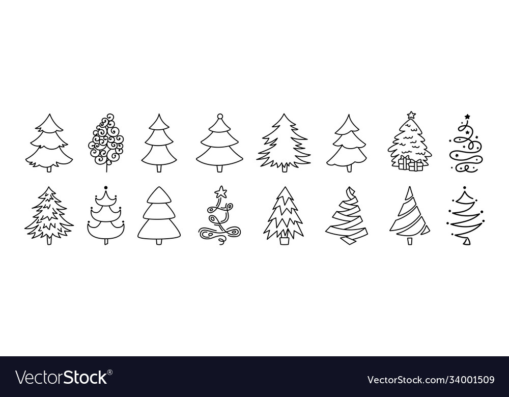 Christmas tree cartoon set xmas black glyph Vector Image