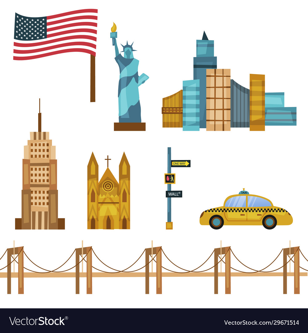 Set of new york symbols and objects with famous Vector Image
