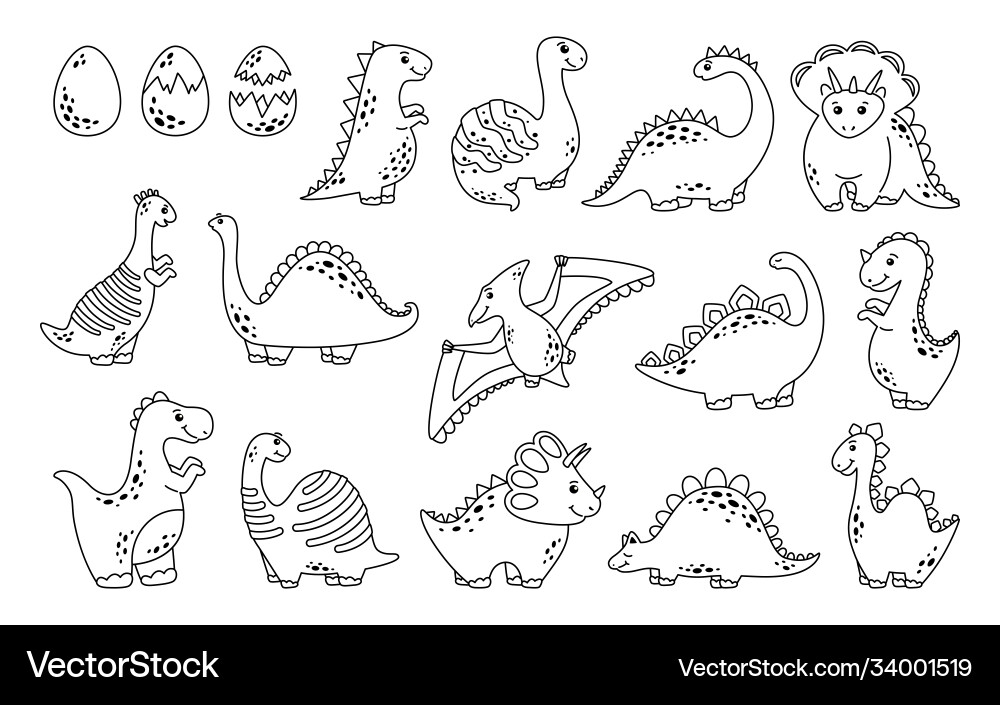 Dinosaur black linear cartoon set flat line Vector Image