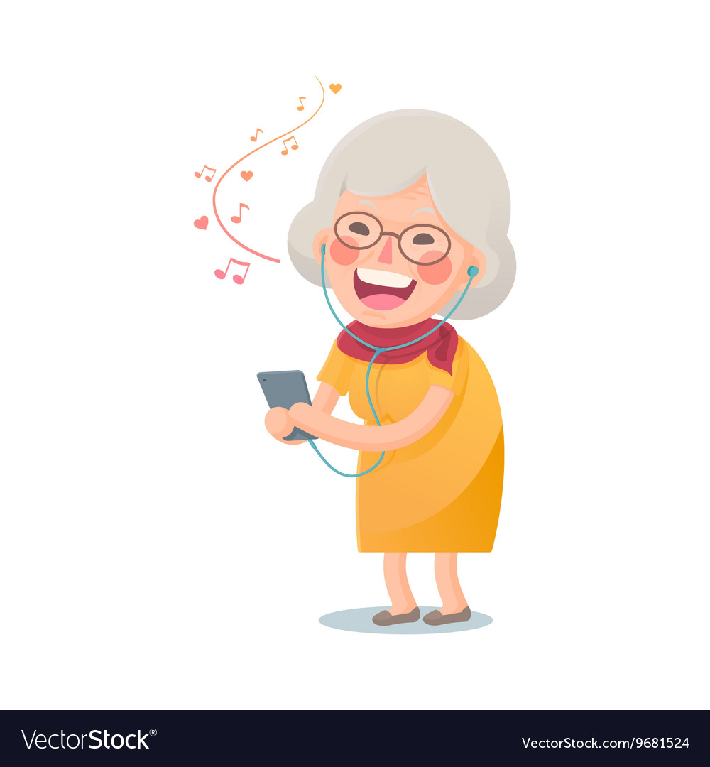 Happy old woman listen music Royalty Free Vector Image Happy old woman listen music Royalty Free Vector Image