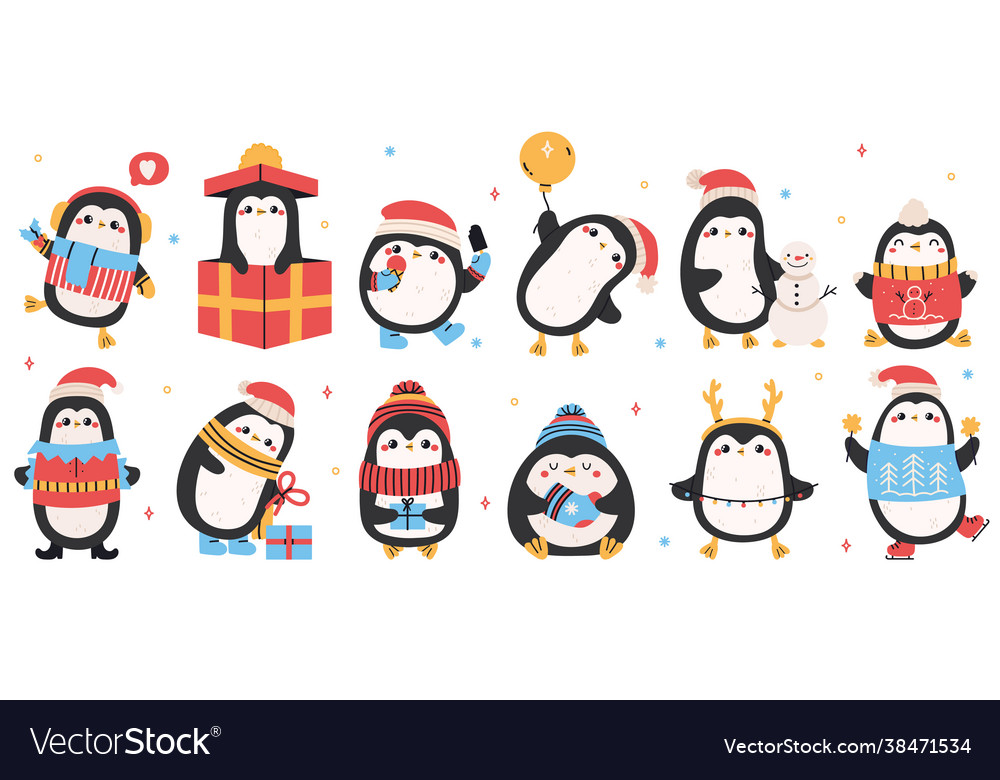 Cute holiday penguins christmas hand drawn Vector Image