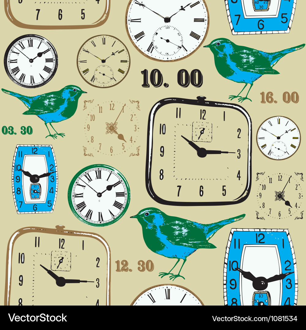 Retro birds Clocks Pattern Royalty Free Vector Image