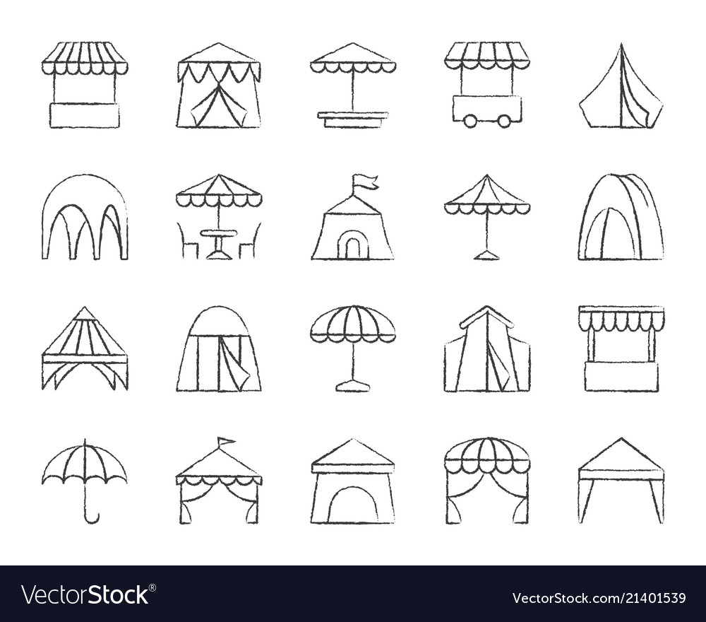 Tent charcoal draw line icons set Royalty Free Vector Image Tent charcoal draw line icons set Royalty Free Vector Image