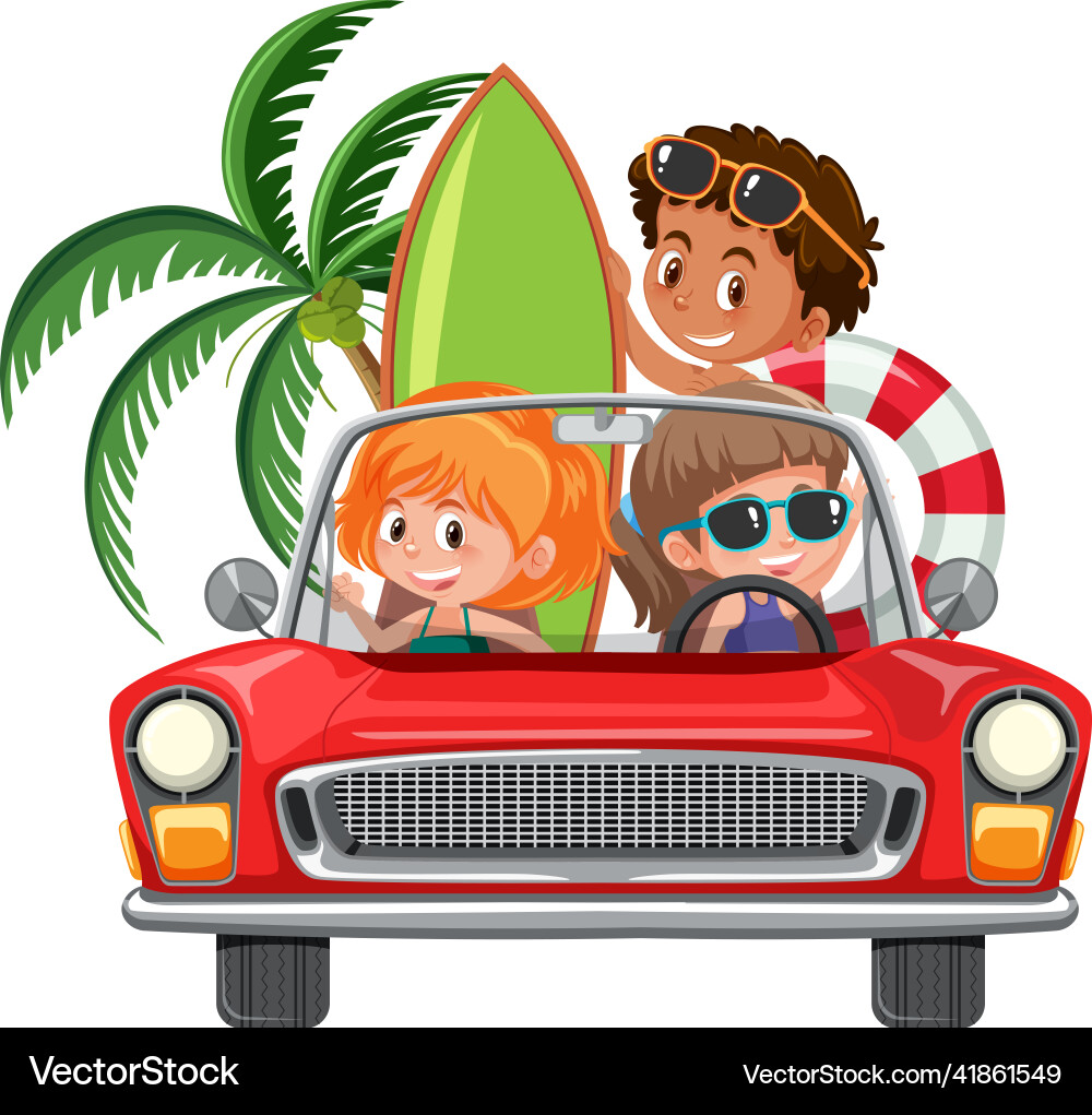 Children in classic car on white background Vector Image