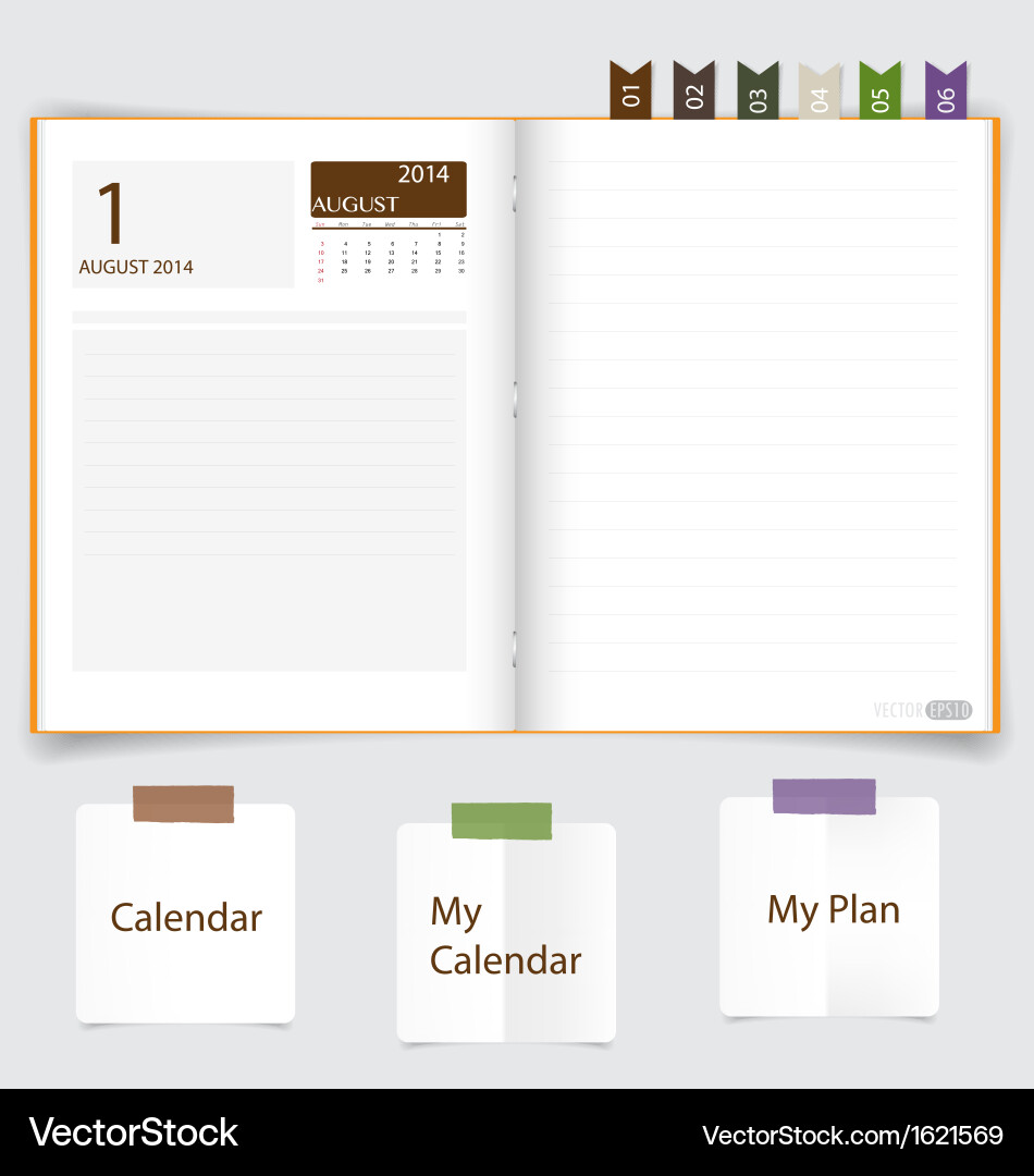 2014 calendar on notebook paper august Royalty Free Vector