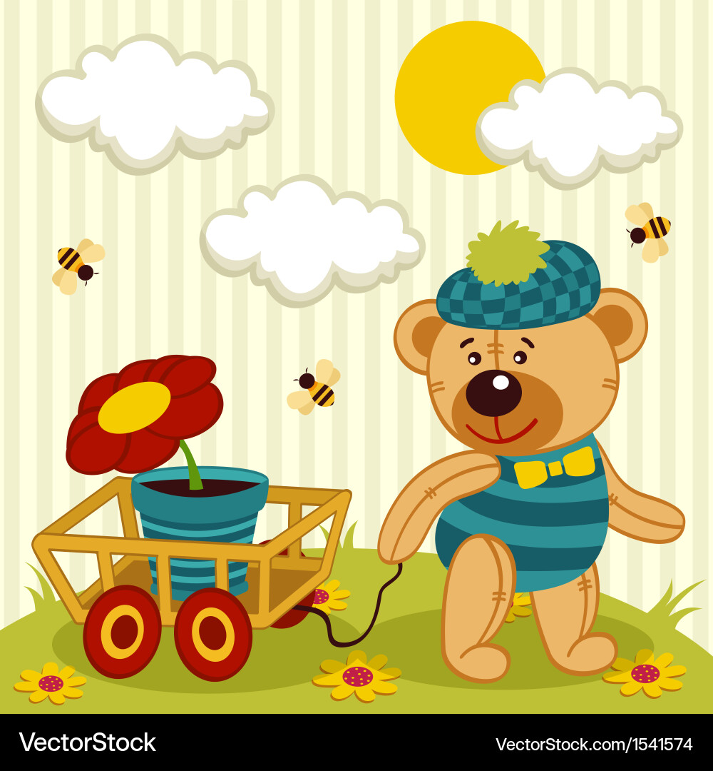 Teddy bear with flower in pot Royalty Free Vector Image