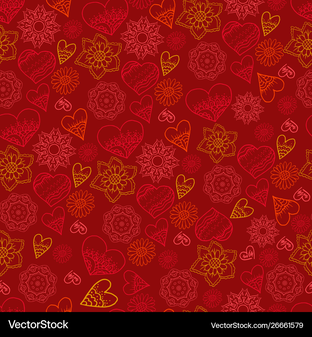 Seamless doodle pattern cute flowers and hearts Vector Image