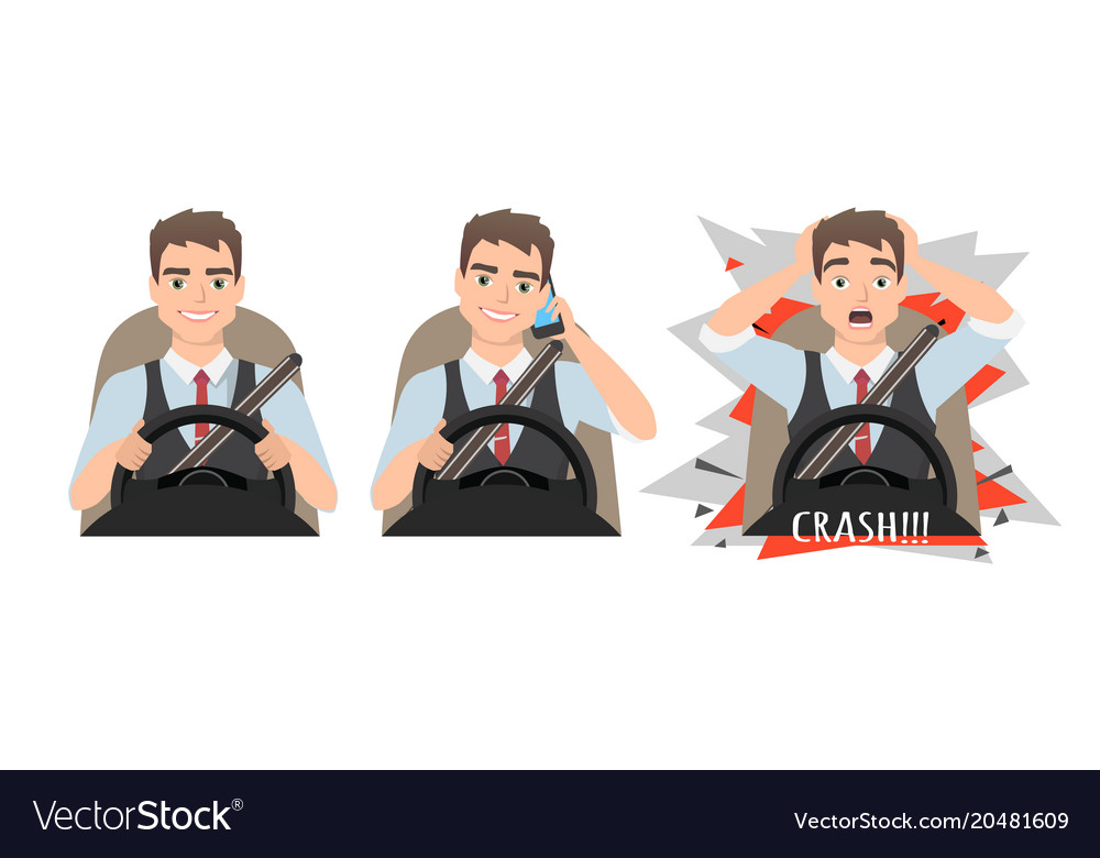 Man holding mobile phone while driving car crash Vector Image