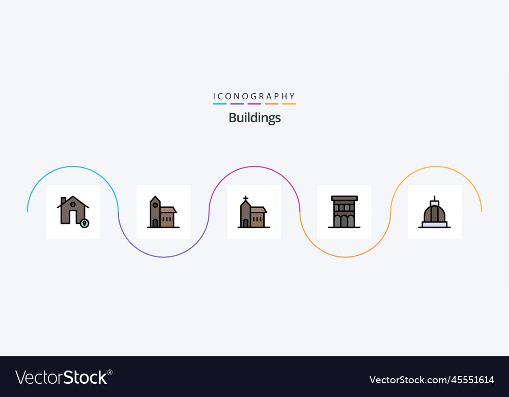 Buildings line filled flat 5 icon pack including Vector Image