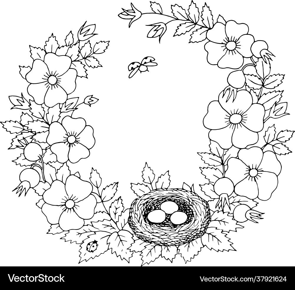 Summer blooming rosehip wreath coloring page Vector Image