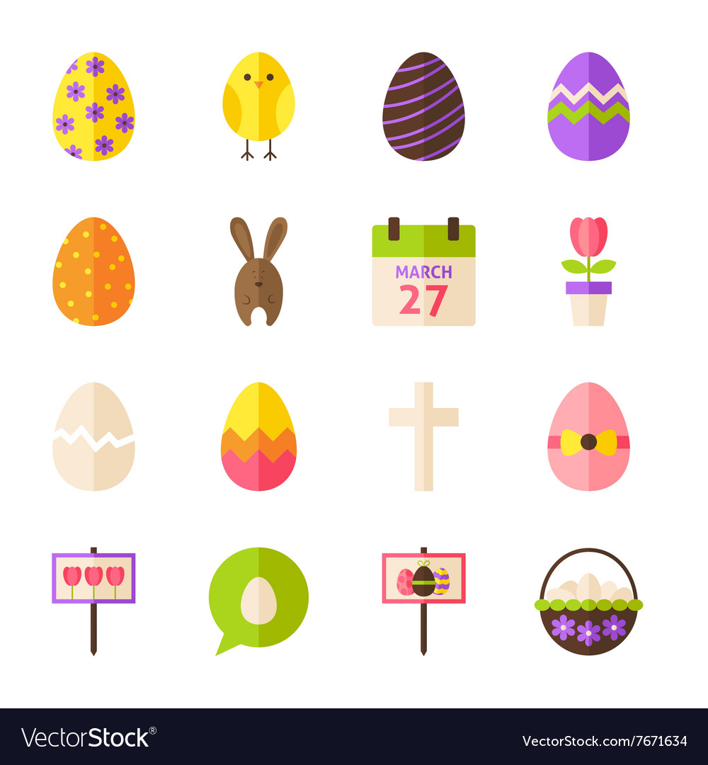 Happy easter flat objects set isolated over white Vector Image