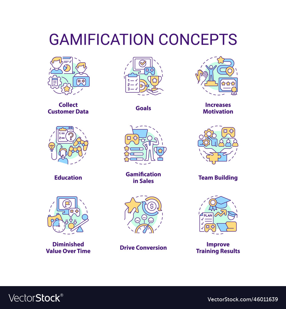 Gamification concept icons set Royalty Free Vector Image Gamification concept icons set Royalty Free Vector Image