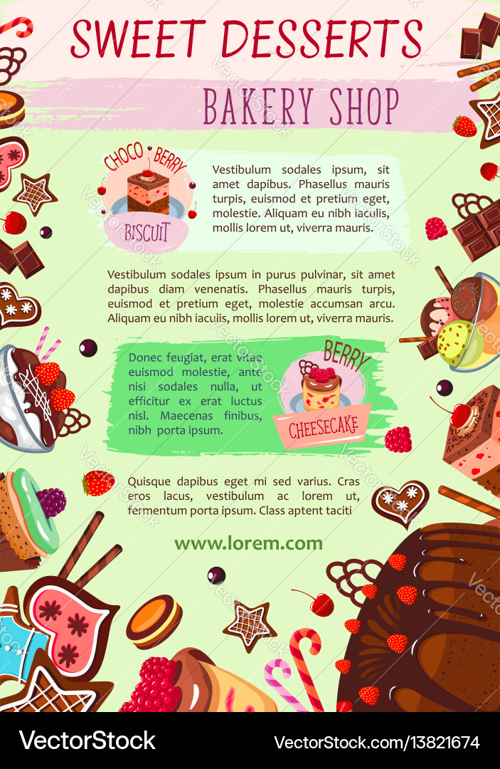 Bakery shop poster cake desserts template Vector Image
